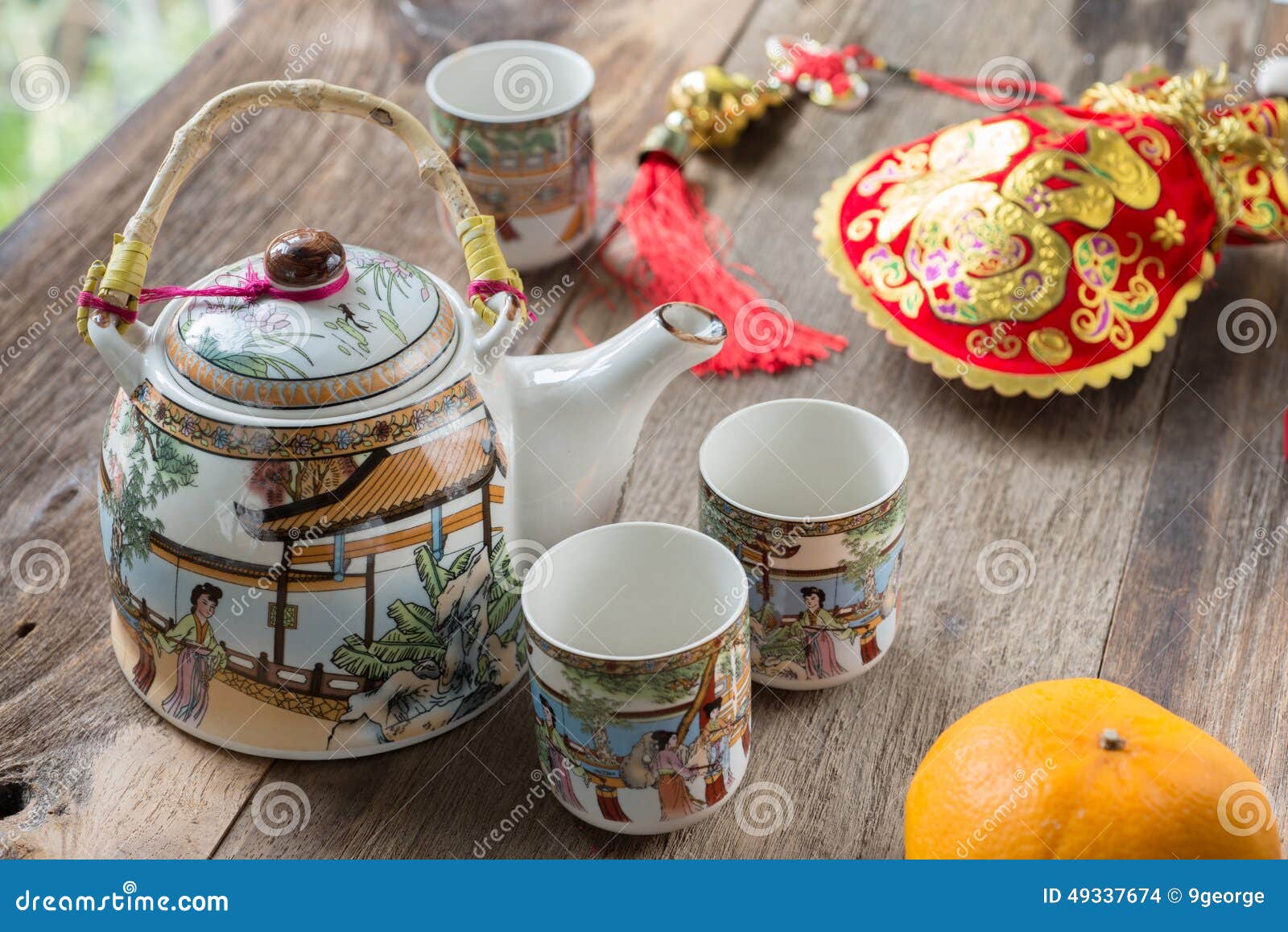 Antique Chinese Tea Set on Wooden Table Stock Photo - Image of ...