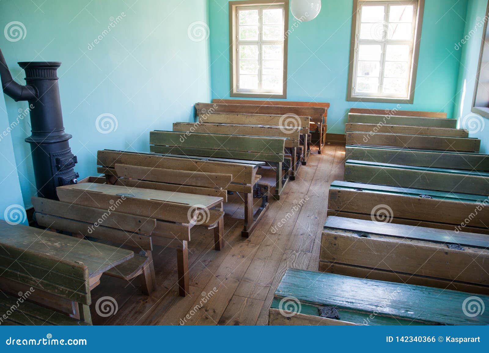 Antique Classroom with Empty Wooden Desks and Benches Stock Photo ...