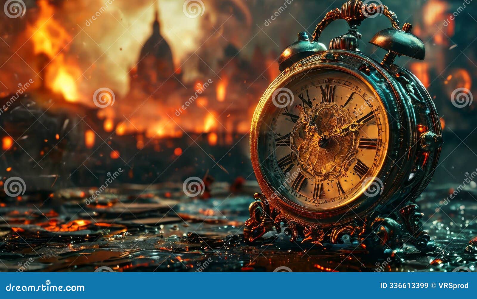 Antique Clock Against a Fiery Background in a Dramatic Setting Stock ...