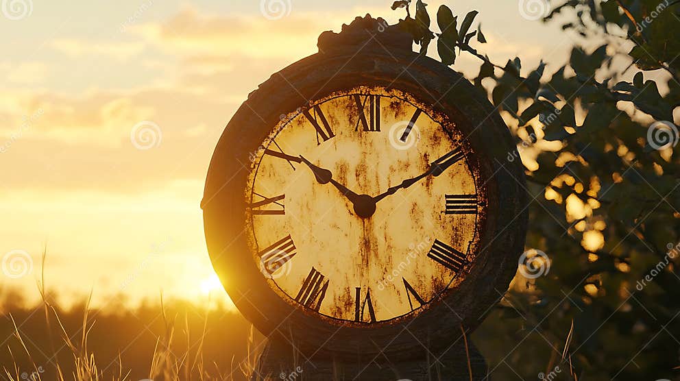 Antique Clock Against Sunset, Beautiful Rustic Timepiece Stock ...