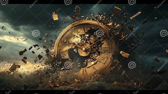 Antique Clock Exploding in Dynamic Motion Amid Clouds Stock Photo ...