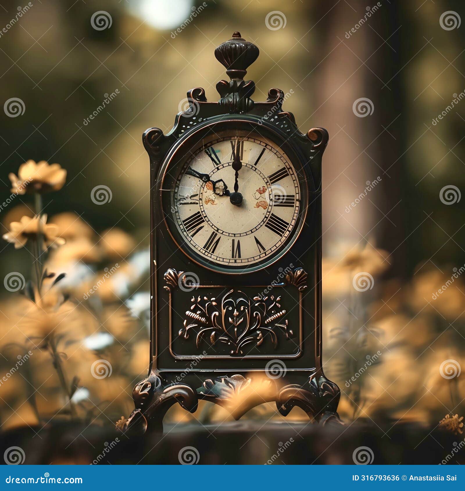 Antique clock in nature stock photo. Image of bright - 316793636