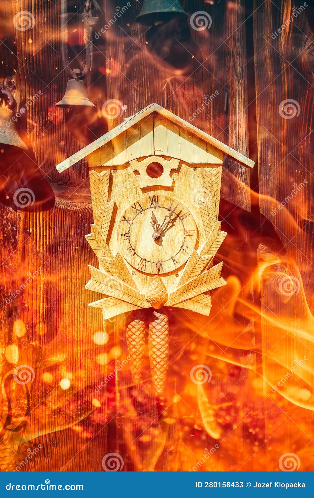 Antique Clock on a Wooden Wall, Fire Effect. Stock Image - Image of ...