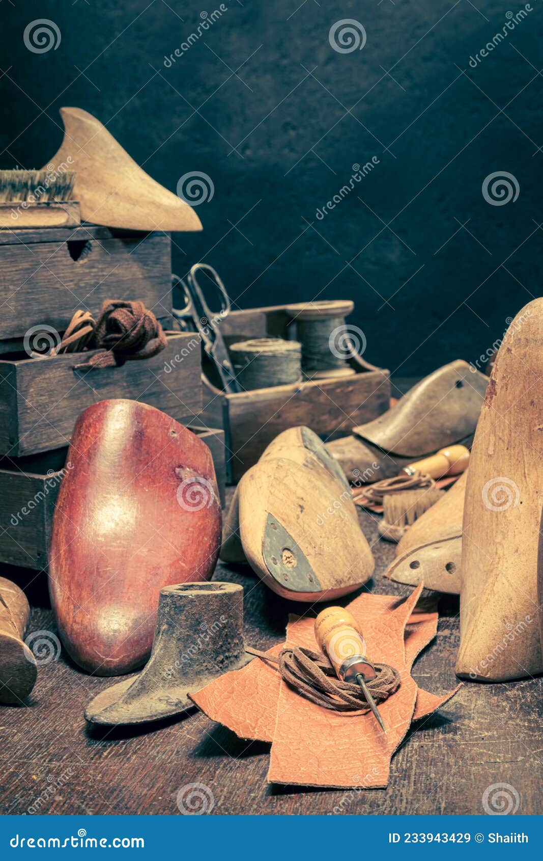 Antique Cobbler Workplace with with Tools, Anvil, Shoes and Rule Stock ...