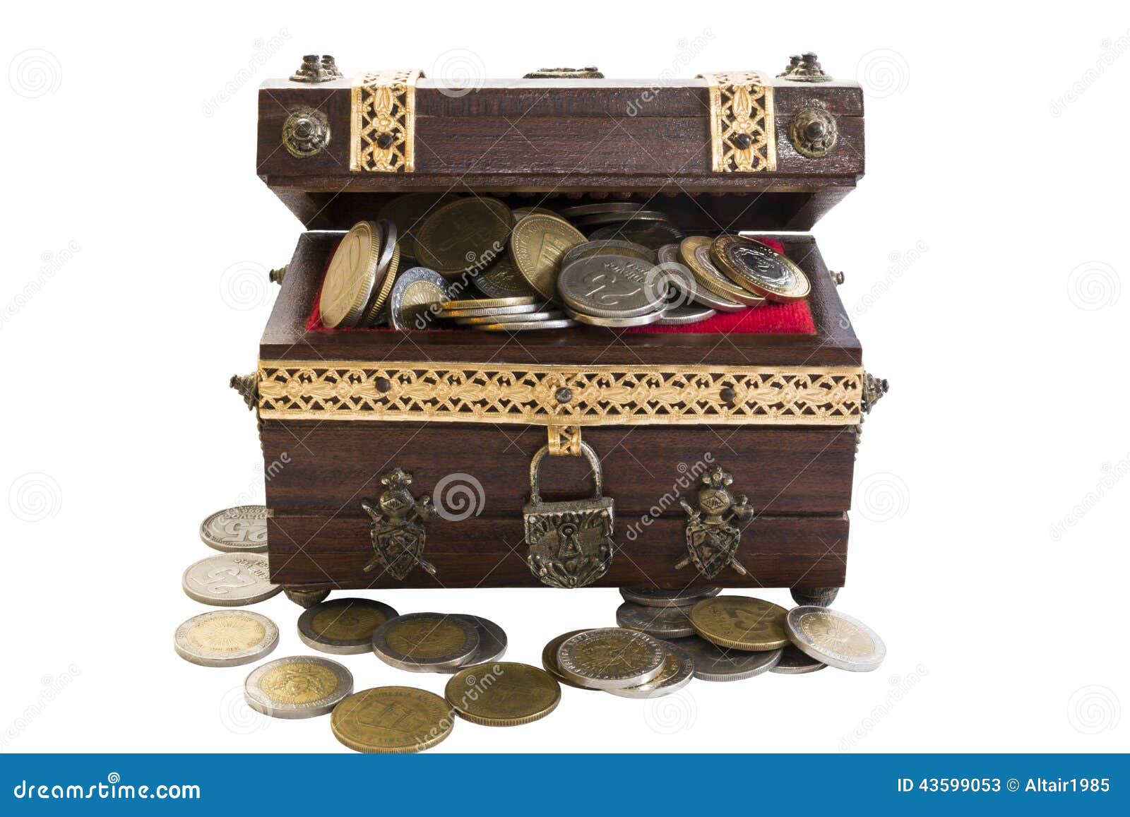 Coin In Treasure Chest With Compass And Magnifying Glass Stock Photo ...