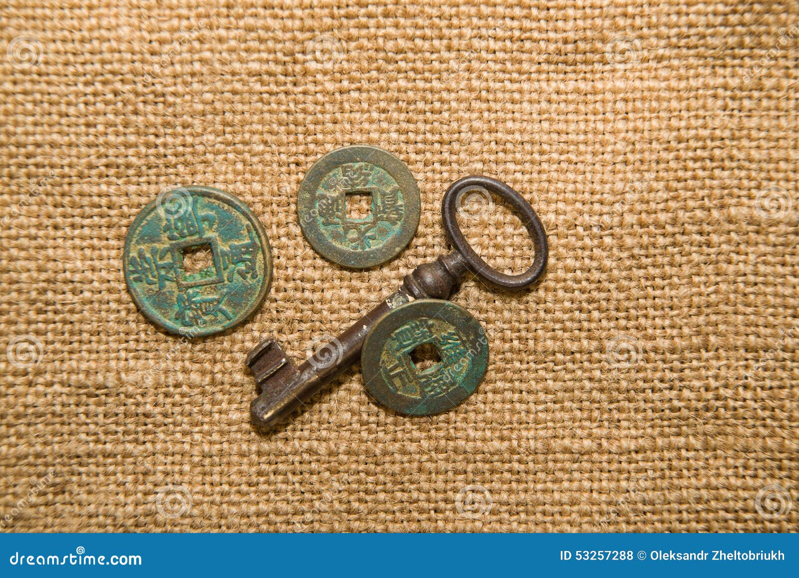 Antique Coins and Keys on Old Cloth Stock Photo - Image of circulation ...