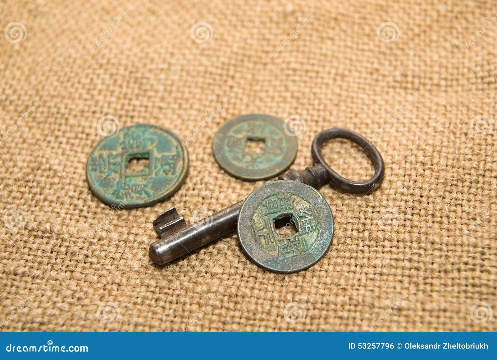 Antique Coins and Keys on Old Cloth Stock Photo - Image of coins, cash ...