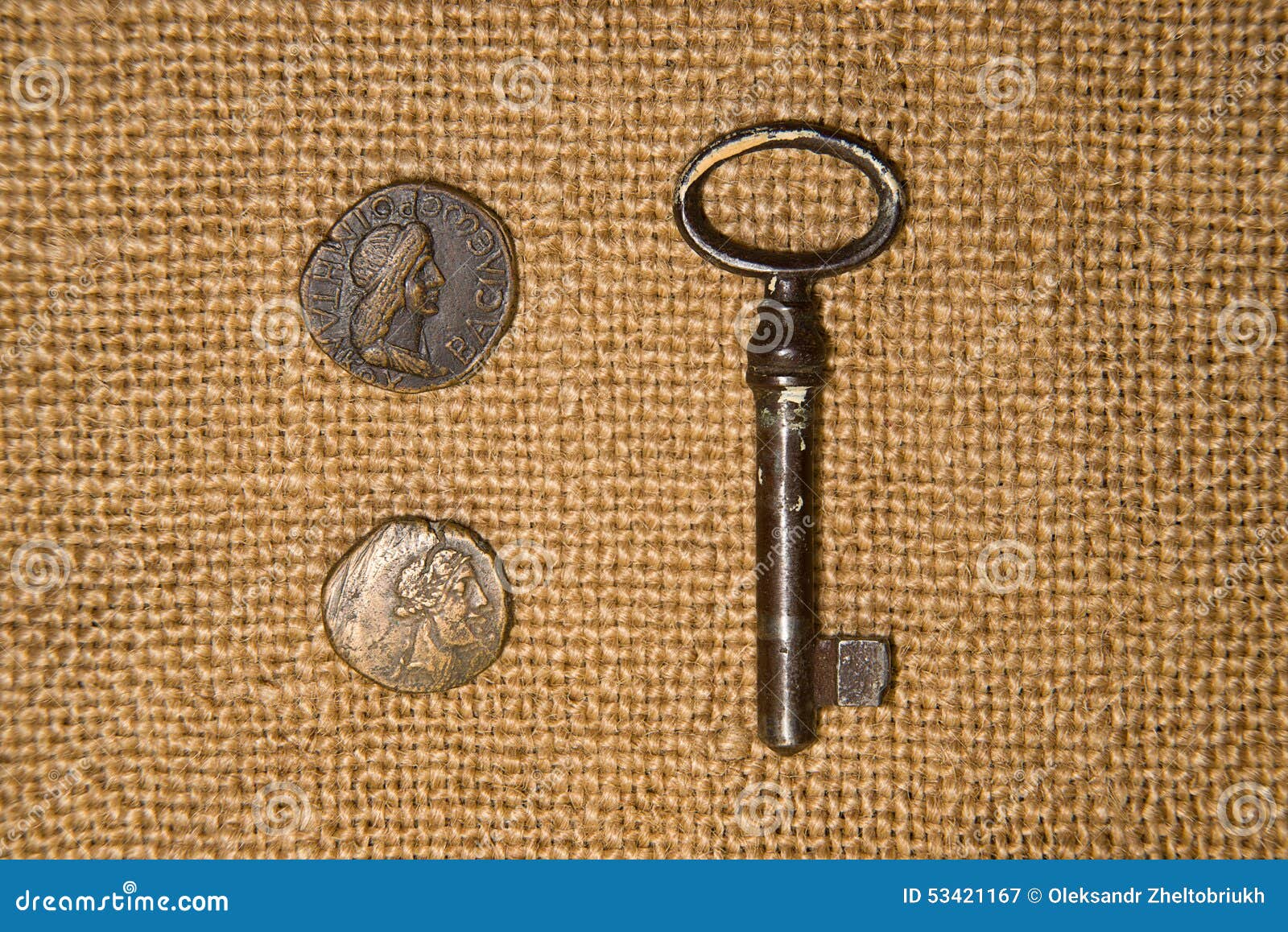 Antique Coins and Keys on Old Cloth Stock Image - Image of gelt ...