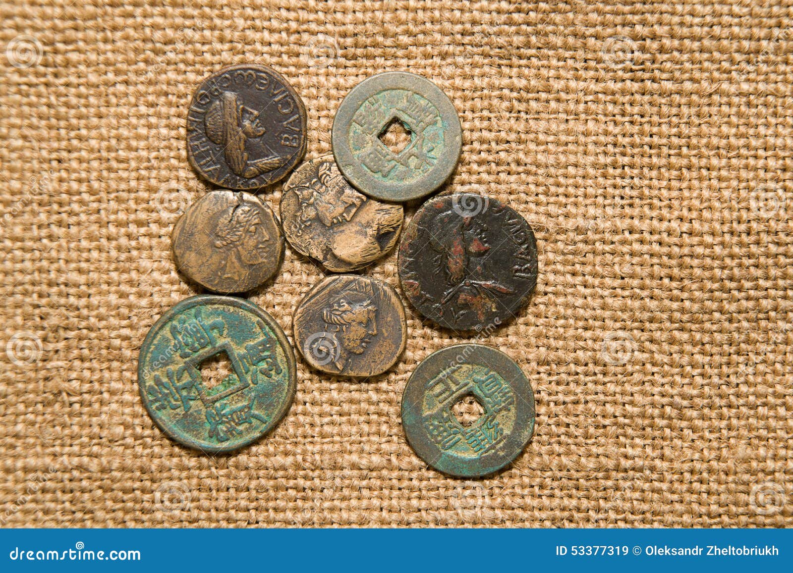 Antique Coins with Portraits of Emperors on Old Cloth Stock Image ...