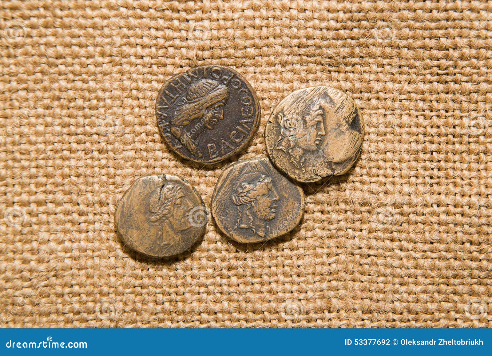 Antique Coins with Portraits of Emperors on Old Cloth Stock Photo ...