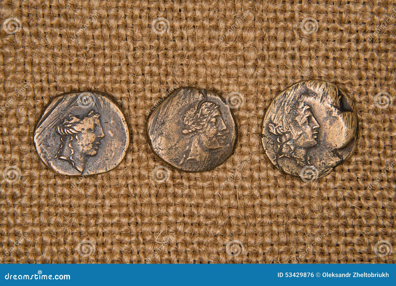 Antique Coins with Portraits of Emperors on Old Cloth Stock Photo ...