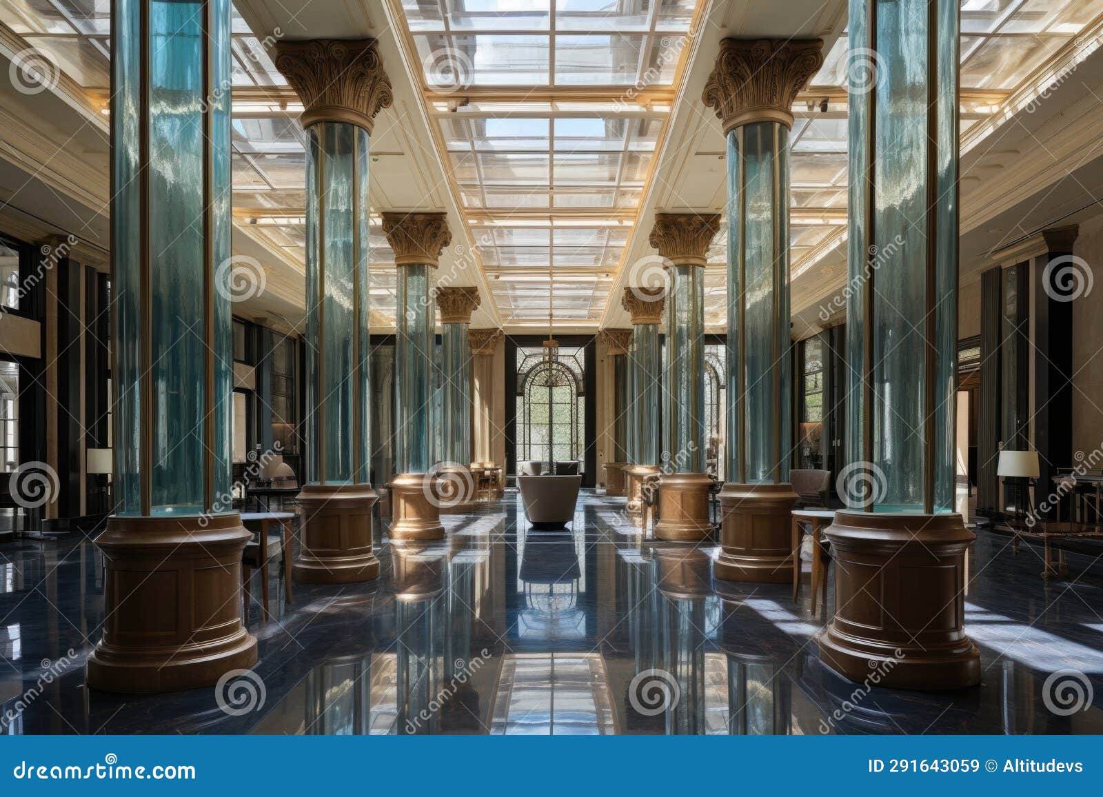 Antique Columns Supporting a Glass Ceiling in a Luxury Office Building ...
