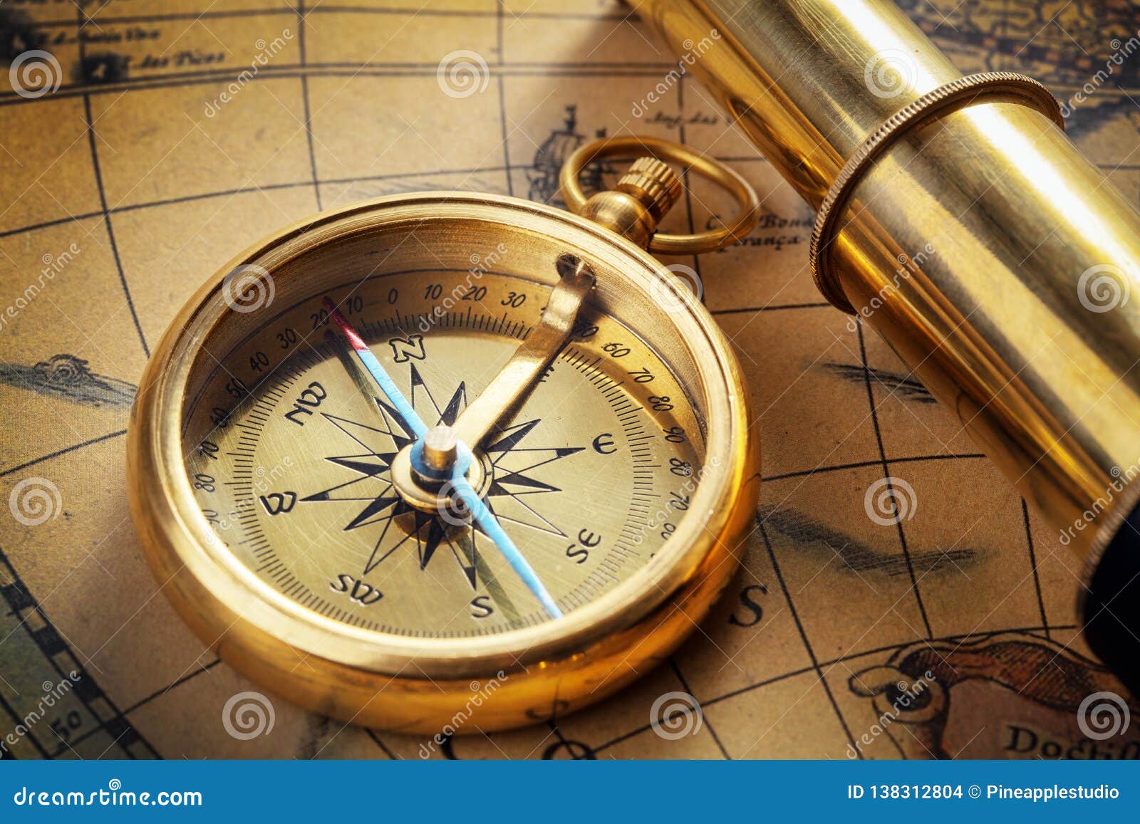 Antique Compass, Spyglass on Map Stock Photo - Image of history ...