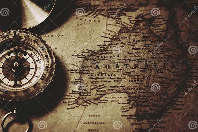 Antique Compass at Old Australia Map. Stock Image - Image of country ...