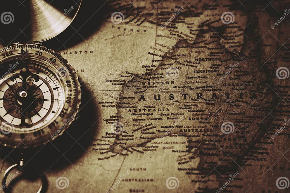 Antique Compass at Old Australia Map. Stock Image - Image of country ...