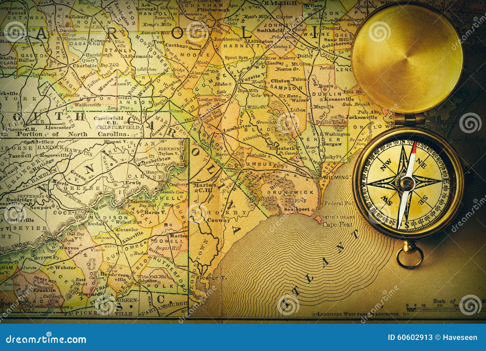 Antique Compass Over Old XIX Century Map Stock Image - Image of explore ...