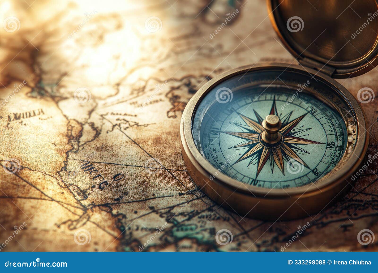 Antique Compass Resting On Ancient Map Showing The Americas Stock ...