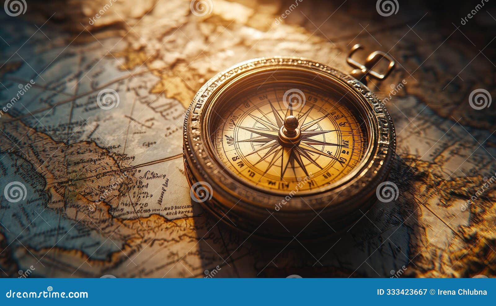 Antique Compass Resting On Ancient Map Showing The Americas Stock Image ...
