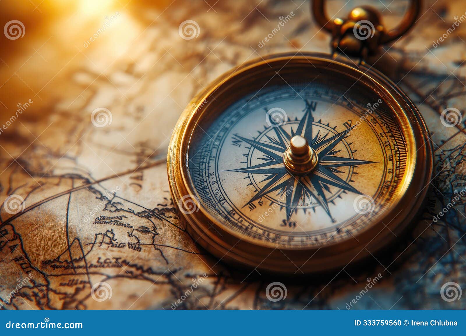 Antique Compass Resting On Ancient Map Showing The Americas Stock ...