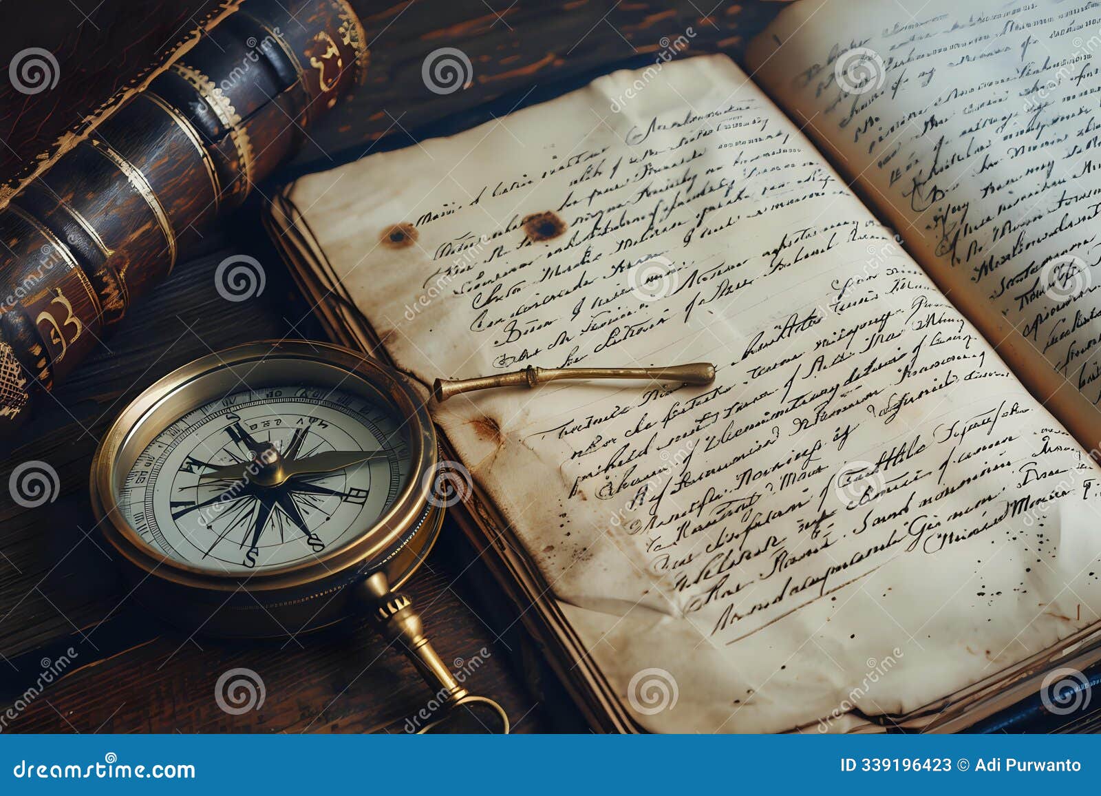 An Antique Compass Rests on an Open, Handwritten Journal beside a ...