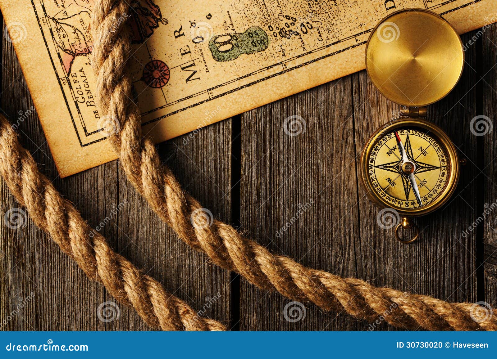 Antique Compass and Rope Over Old Map Stock Photo - Image of ancient ...