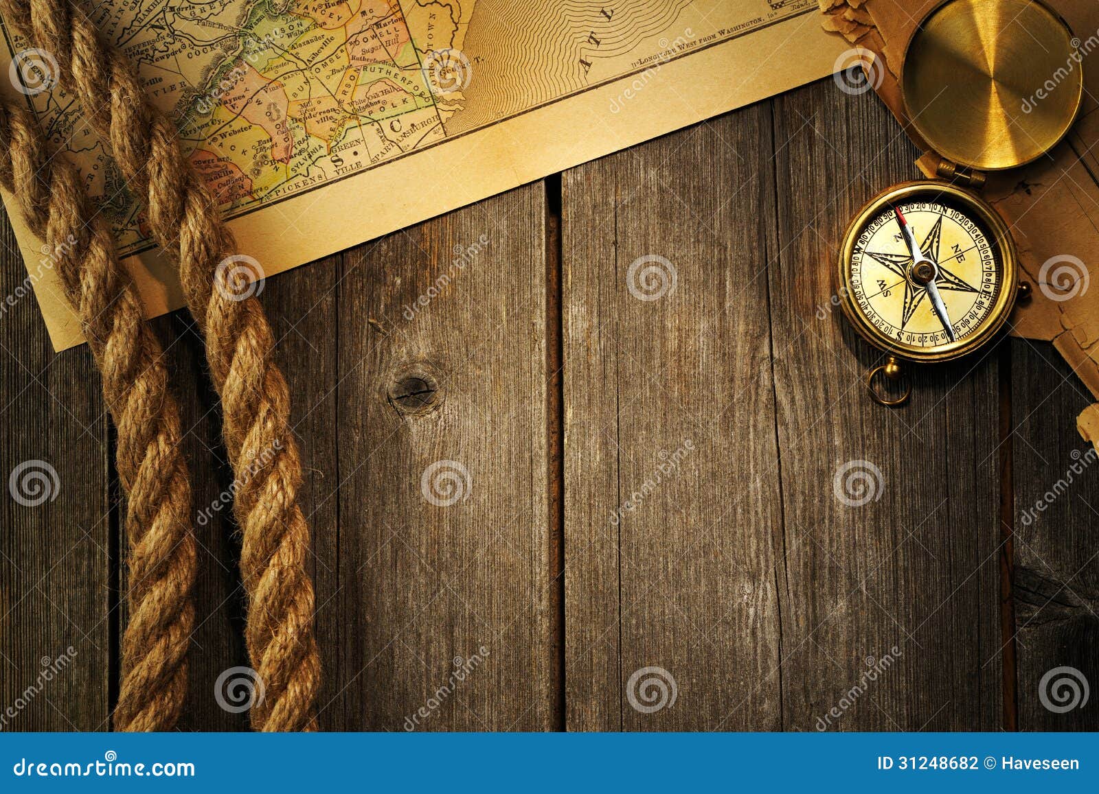 Antique Compass and Rope Over Old Map Stock Photo - Image of geography ...