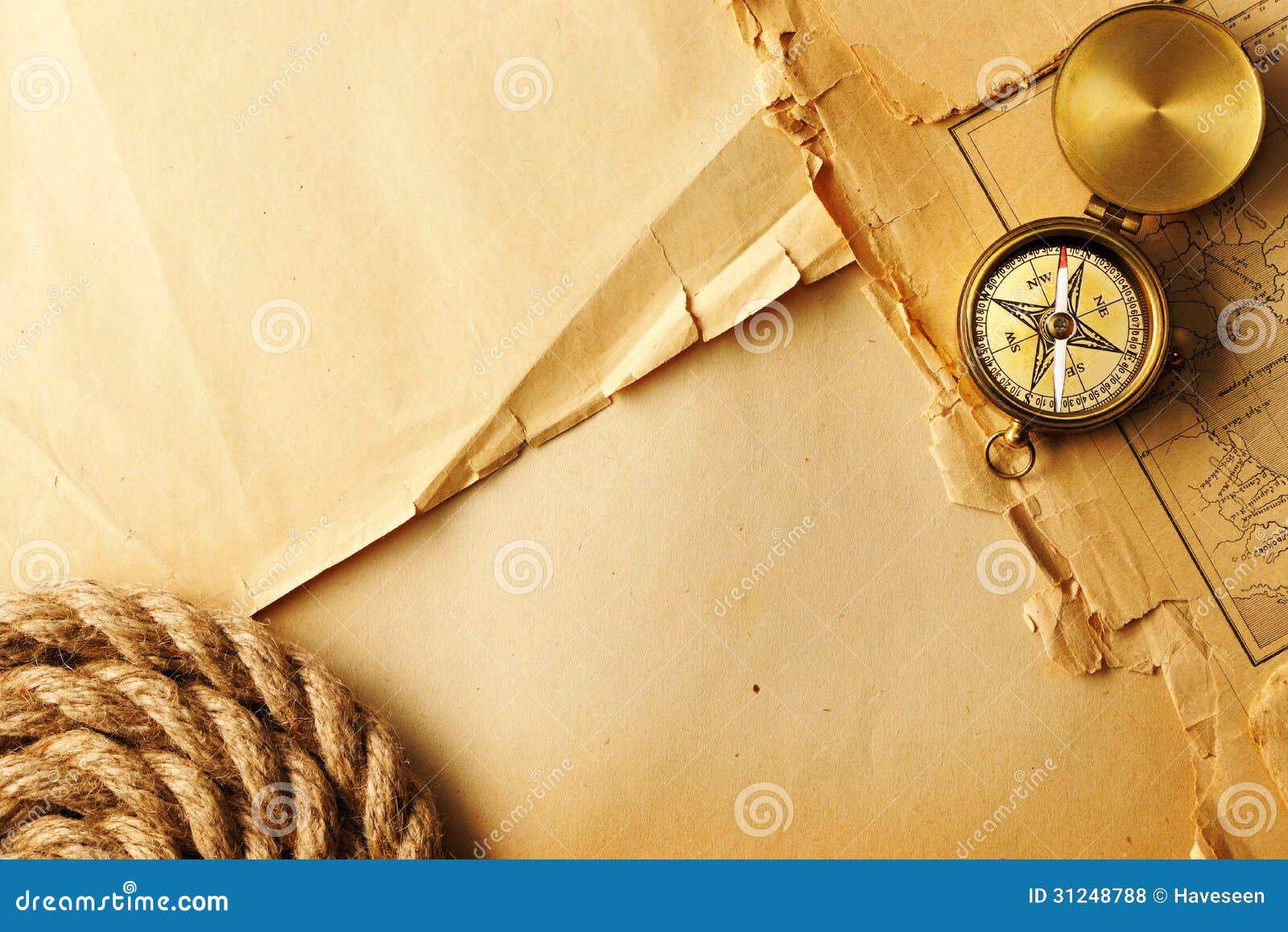 Antique Compass and Rope Over Old Map Stock Photo - Image of retro ...