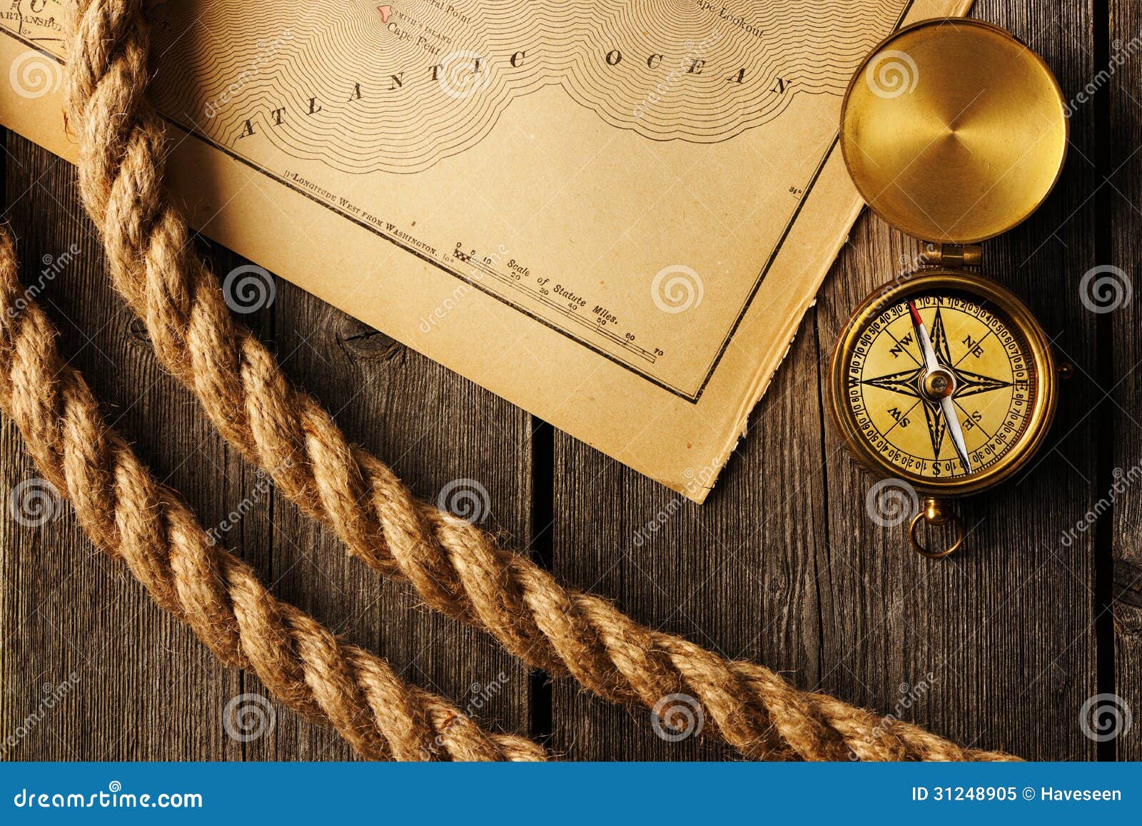 Antique Compass and Rope Over Old Map Stock Image - Image of paper ...