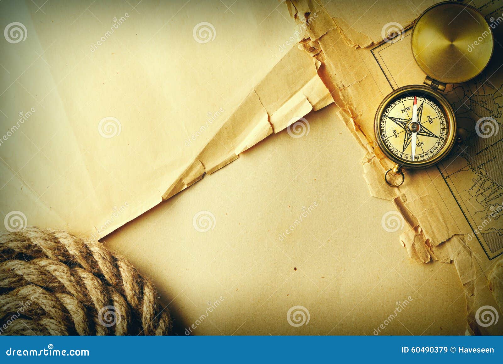 Antique Compass and Rope Over Old Map Stock Image - Image of compass ...
