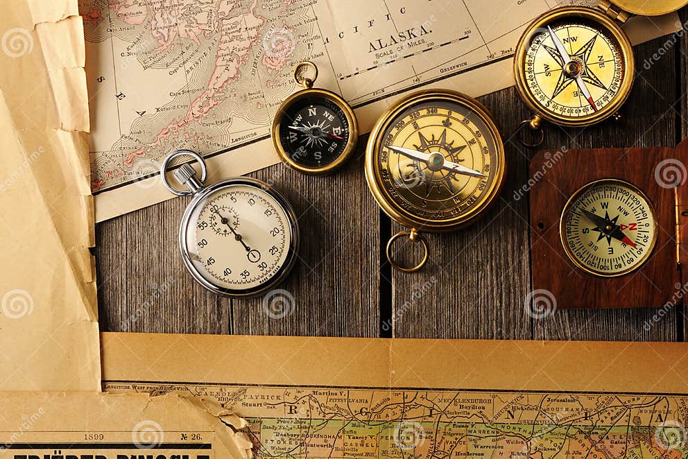 Antique Compasses Over Old Map Stock Photo - Image of explore, position ...