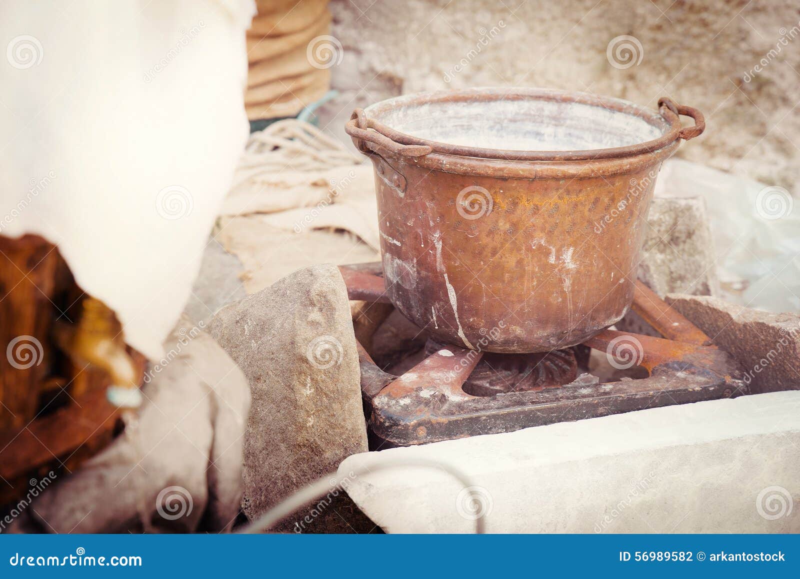 Antique Copper Pot Boiling on a Kitchen Iron Stock Photo - Image of ...