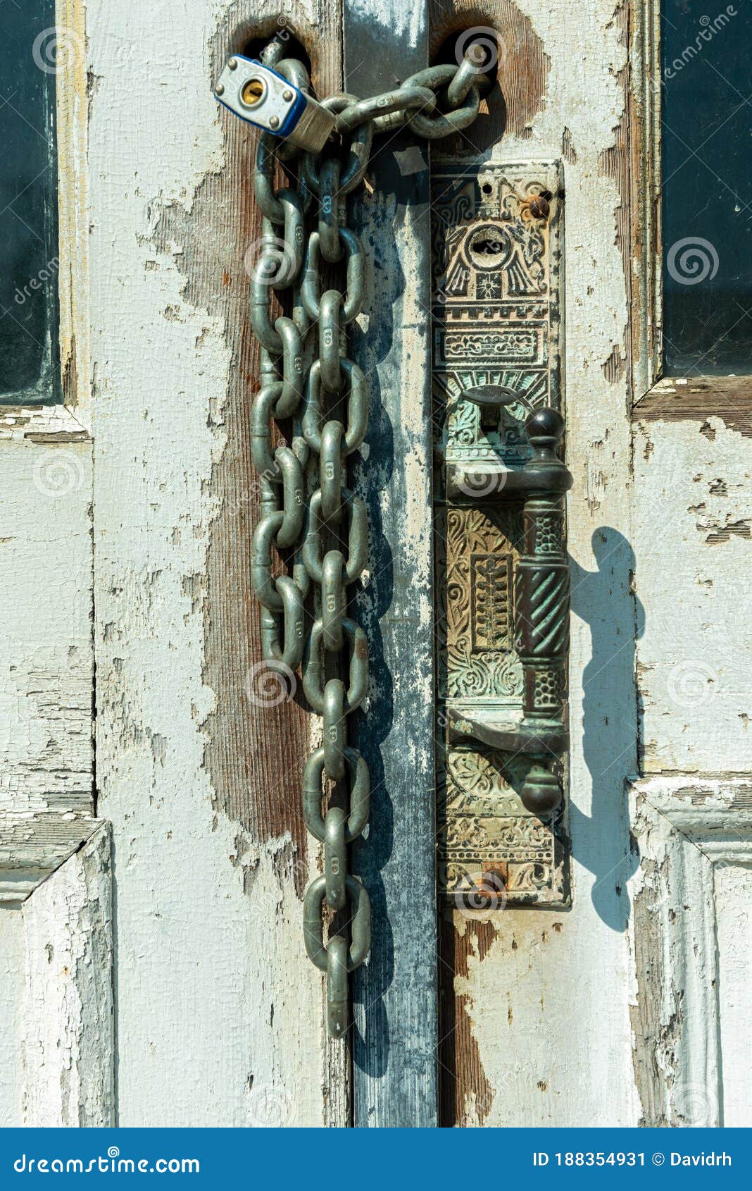 Antique Door Handle Up Close with Chains and Padlock Stock Image ...