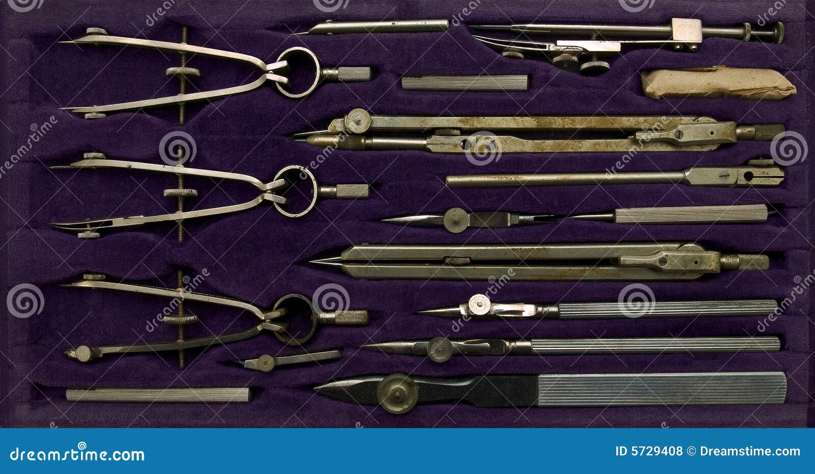 Antique Drafting Set in Purple Velvet Stock Photo - Image of velvet ...
