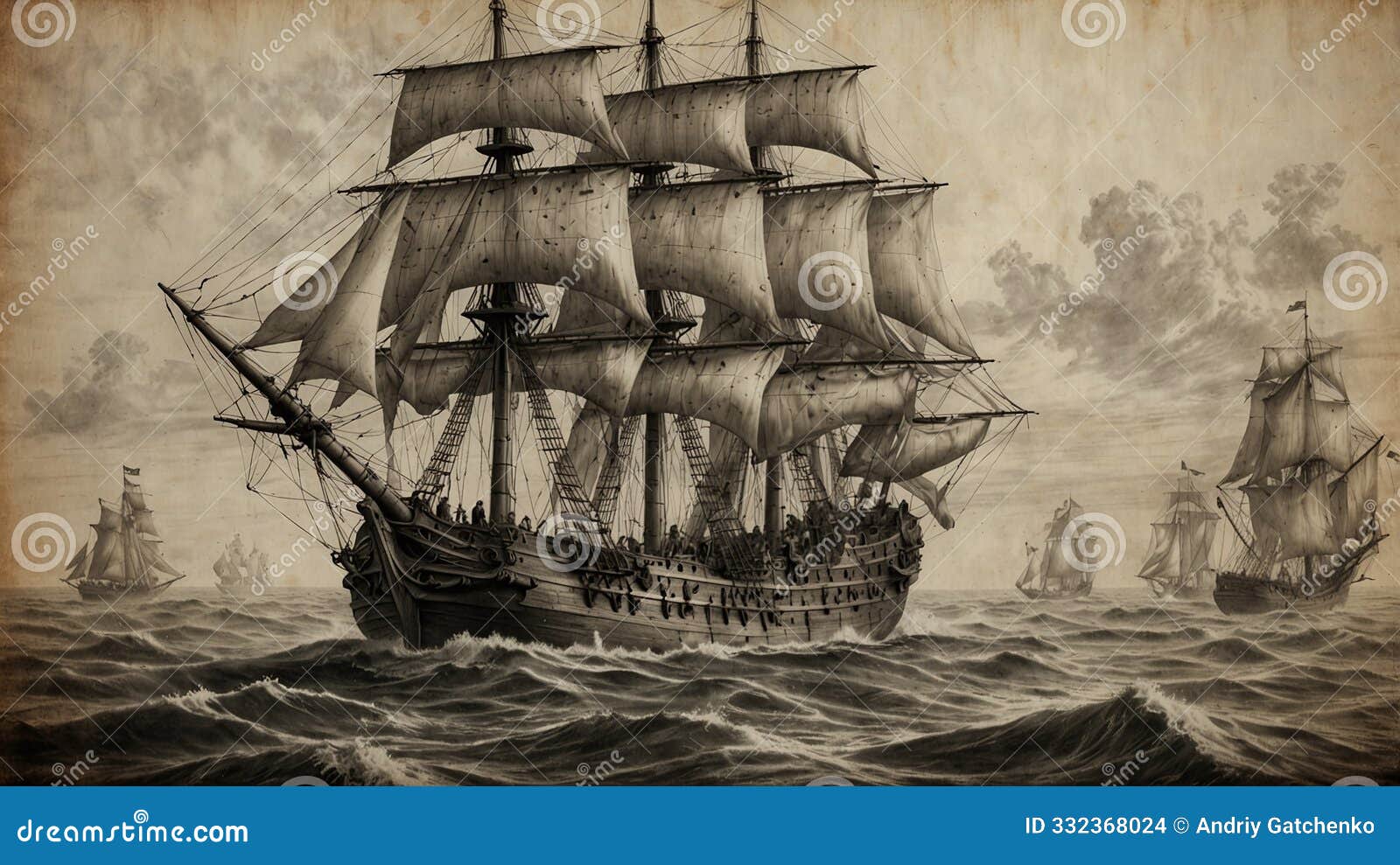 Antique Engraving of Historic Sailing Ships on the Ocean with Detailed ...