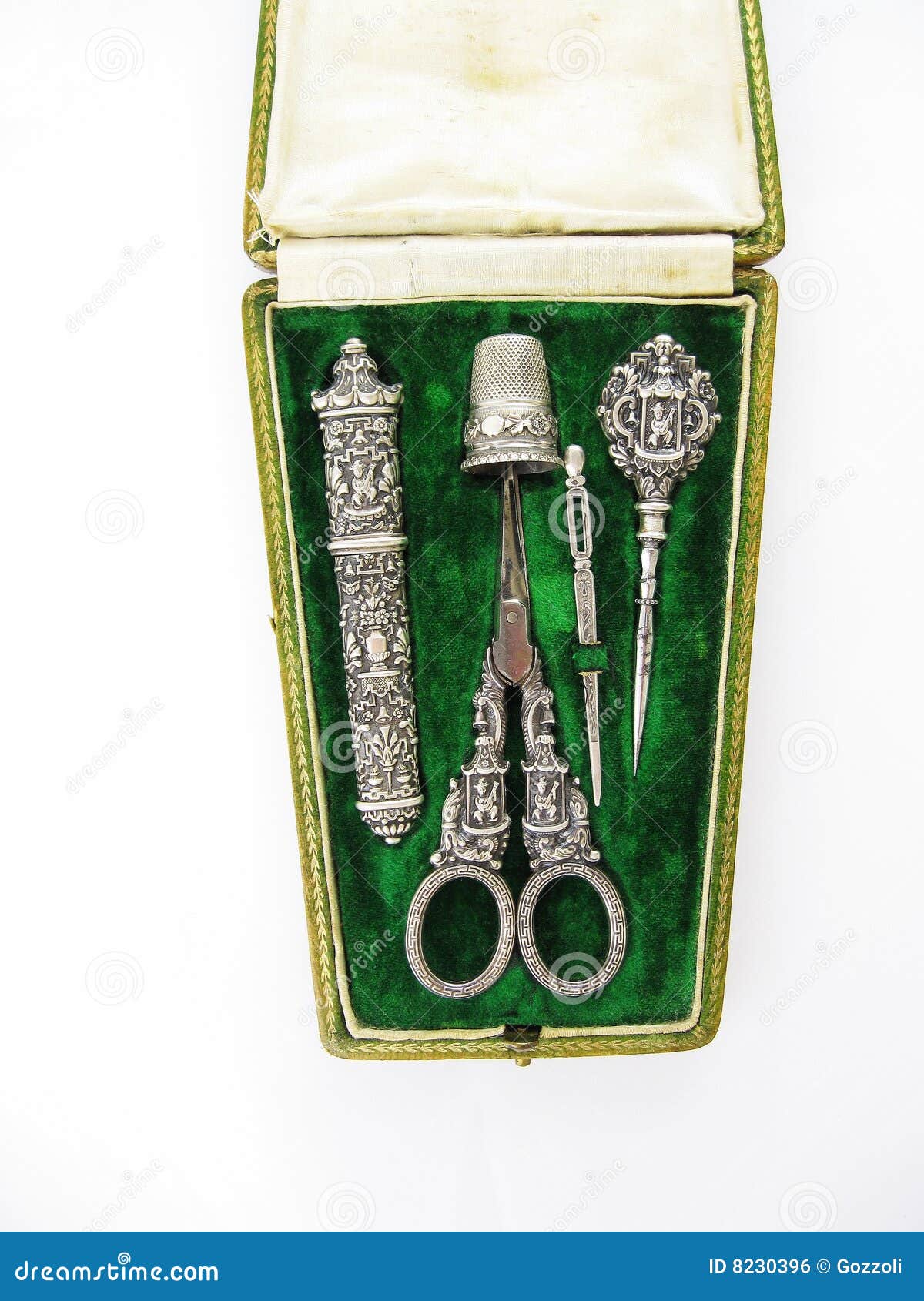 Antique French Silver Sewing Implements Stock Photo - Image of ...