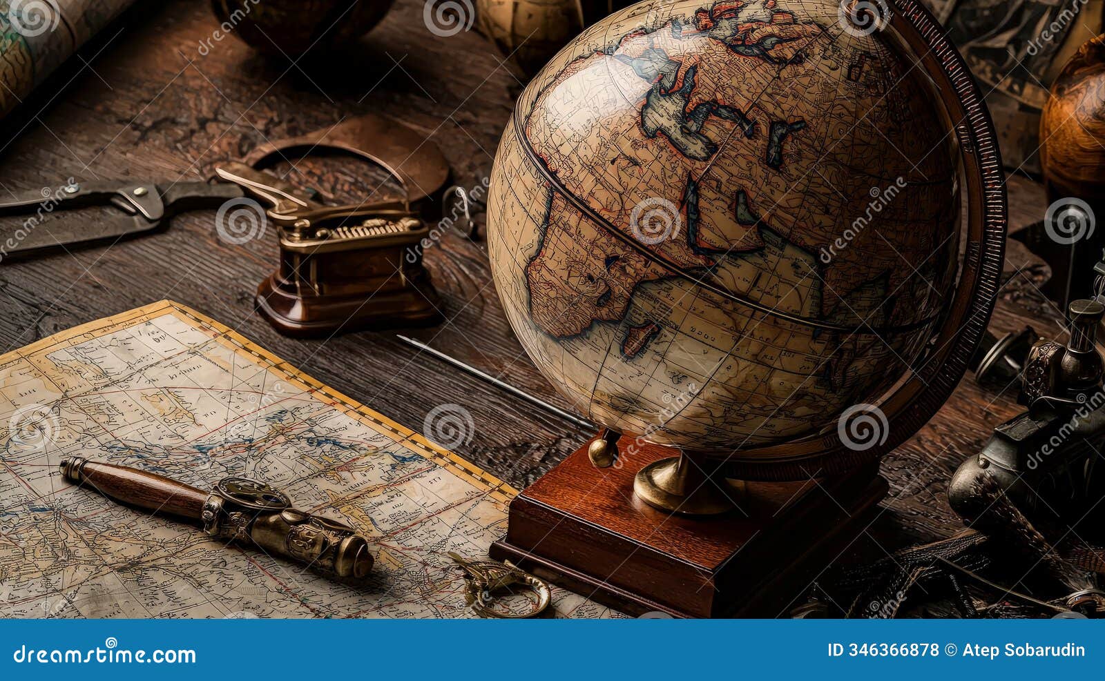 Antique Globe, Maps, and Vintage Tools on a Wooden Desk Stock Photo ...