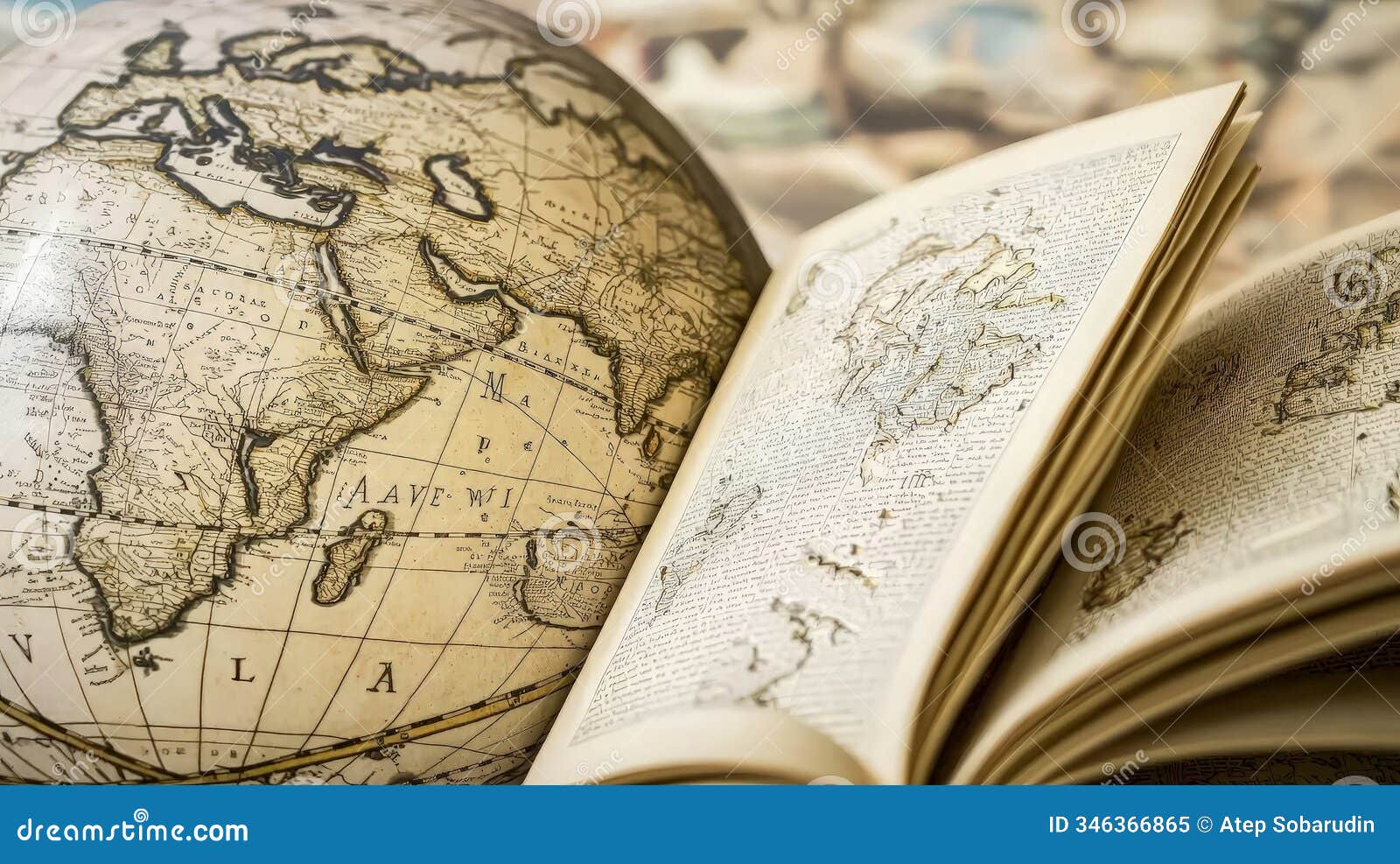 Antique Globe and Open Book with Old Maps Stock Image - Image of world ...