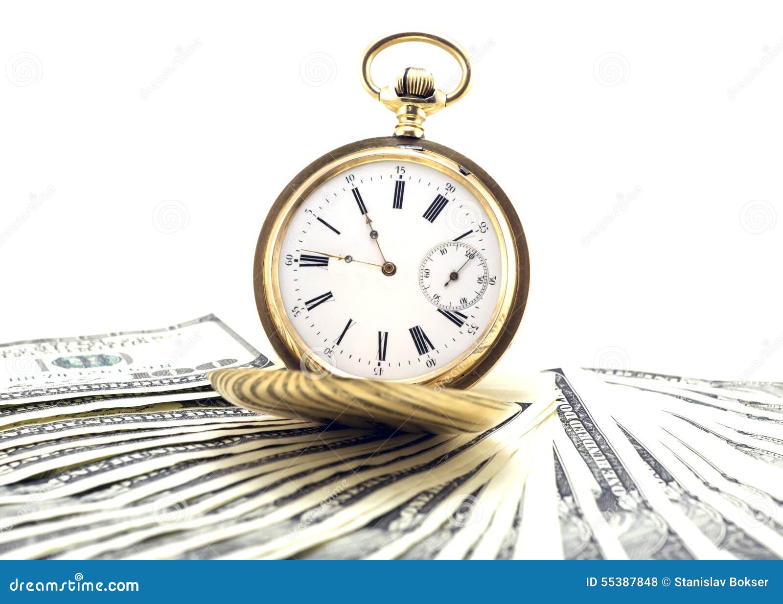 Antique Gold Watch on a Stack of Money Dollars Isolated Stock Photo ...