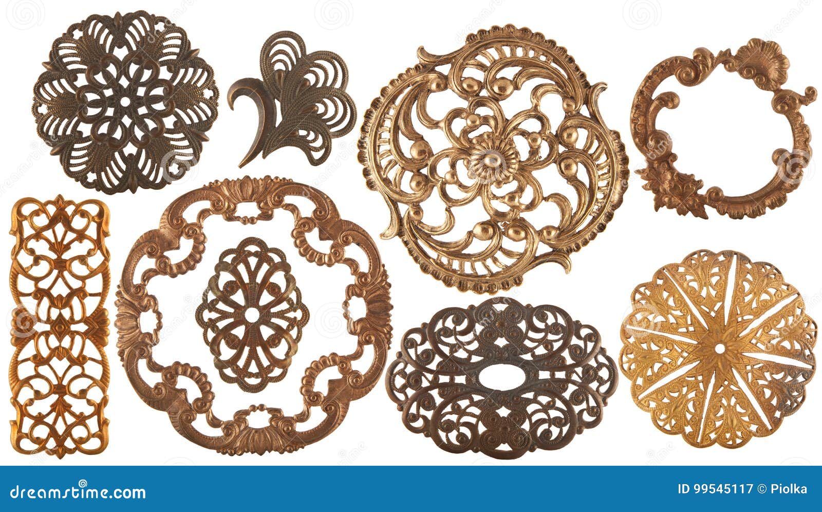 Antique Golden Jewelry Elements Isolated on White Stock Image - Image ...