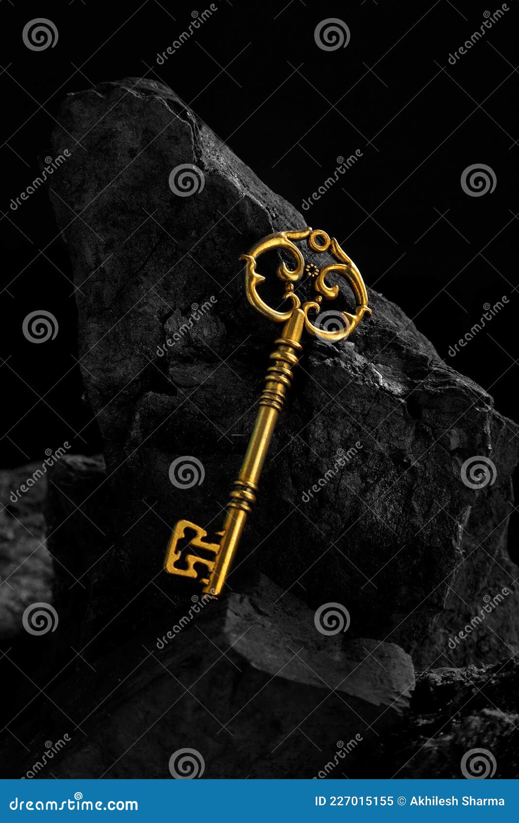 Antique Golden Key on Dark Coal Stone Surface Background Stock Image ...