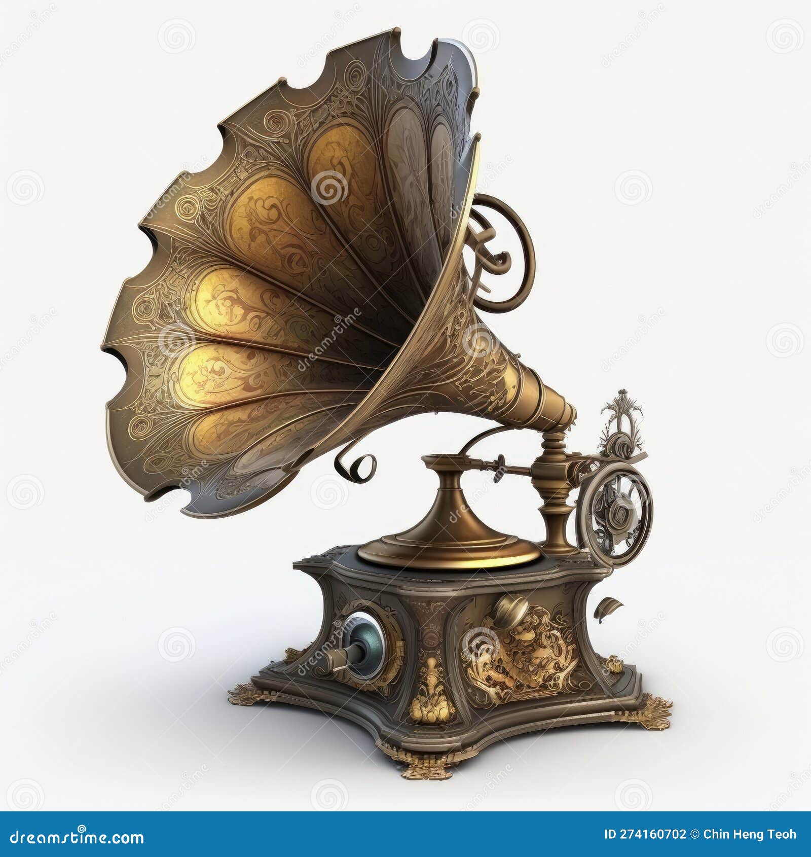 Old Antique Gramophone Or Phonograph And Black Music Notes In Dark ...