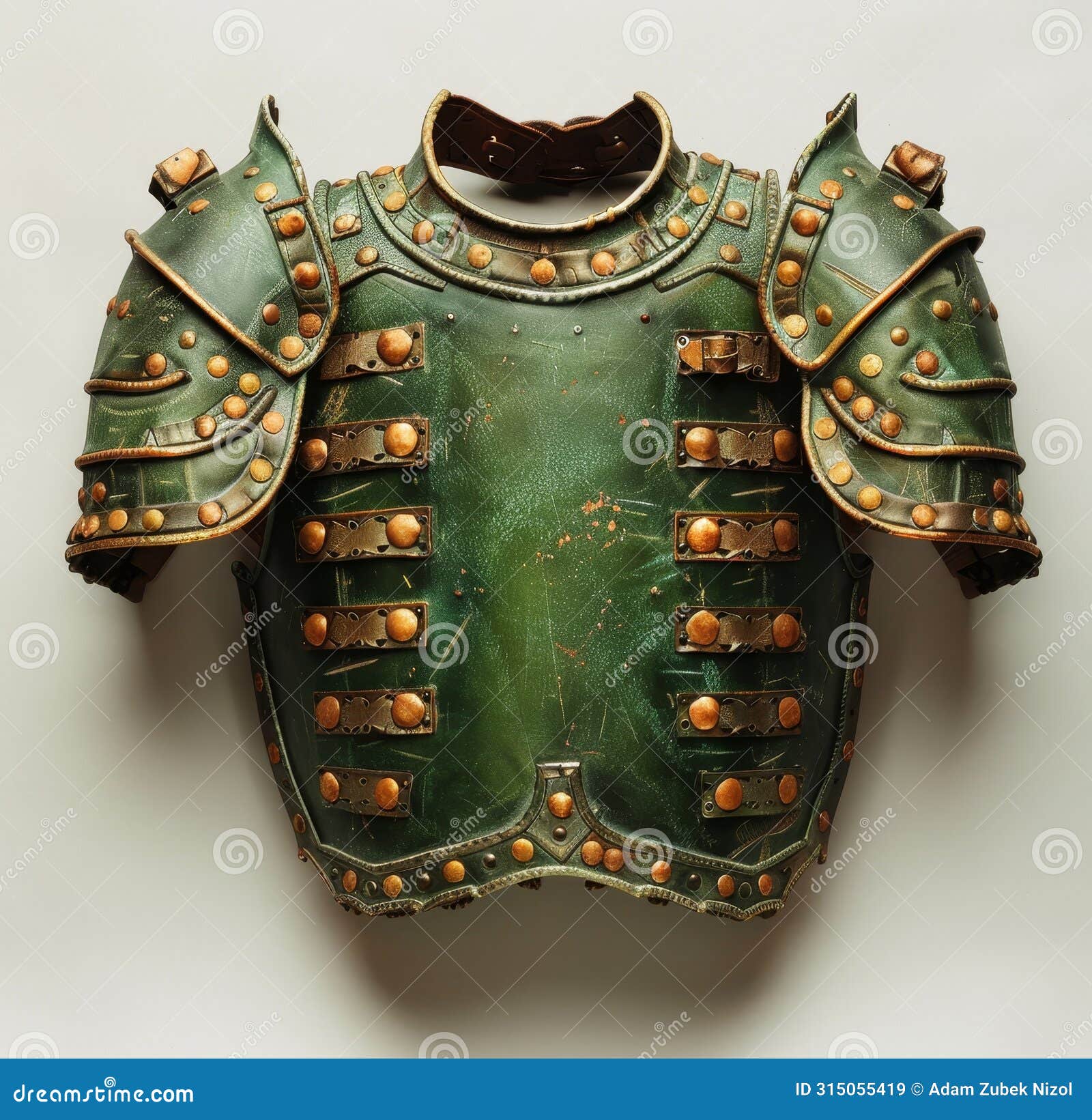 Antique Green Leather Armor with Metal Studs on a Neutral Background ...