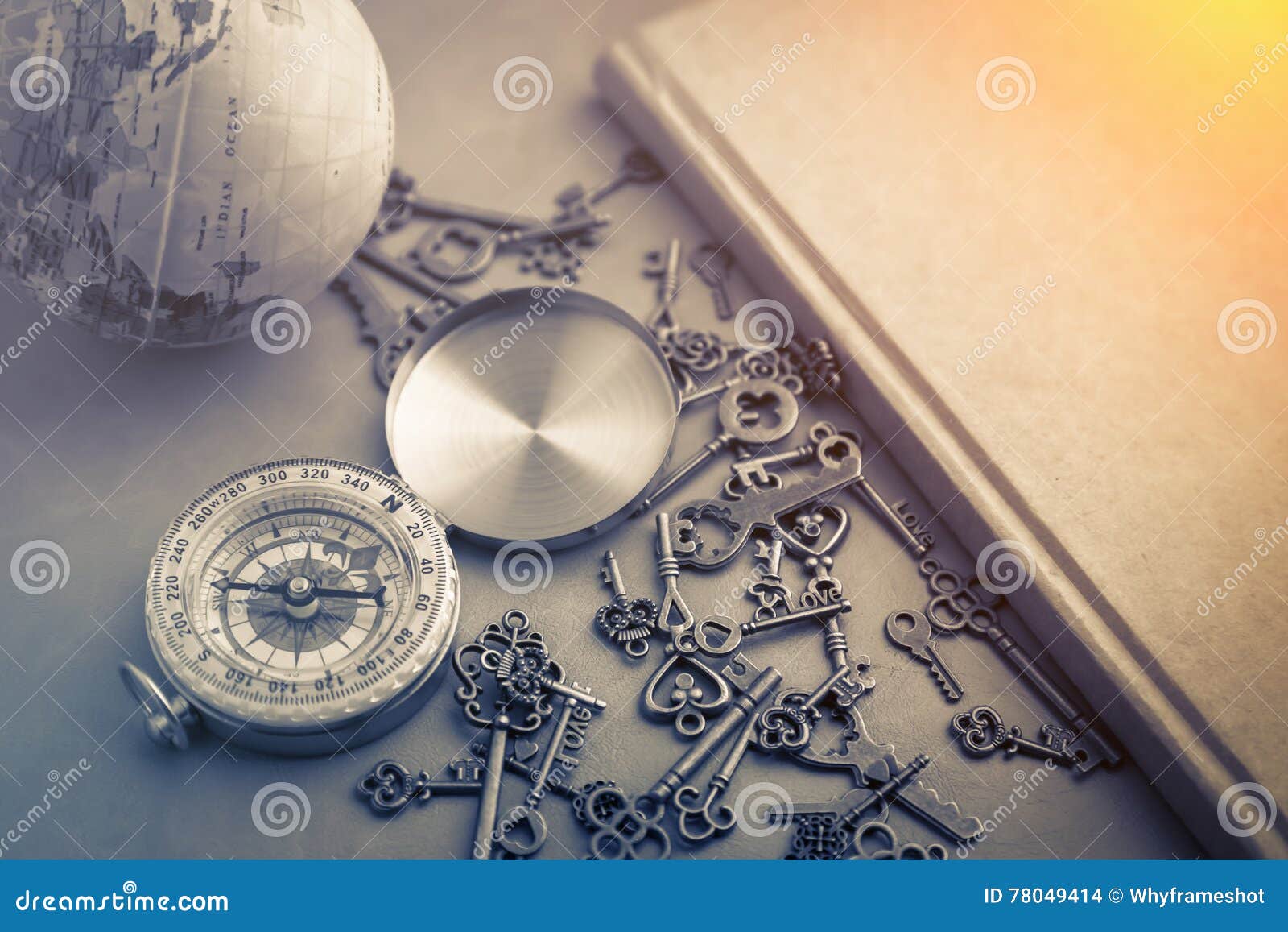 Antique Grunge Compass Skeleton Keys on Grey Leather Table Stock Photo ...