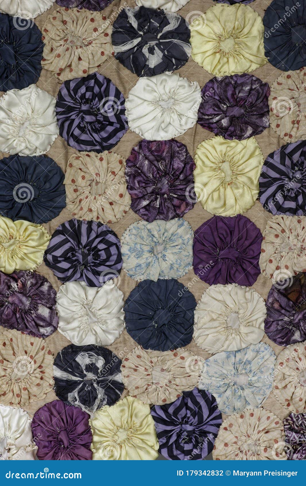 Antique Handmade Quilt Table Covering of Patterned Fabric Circles ...