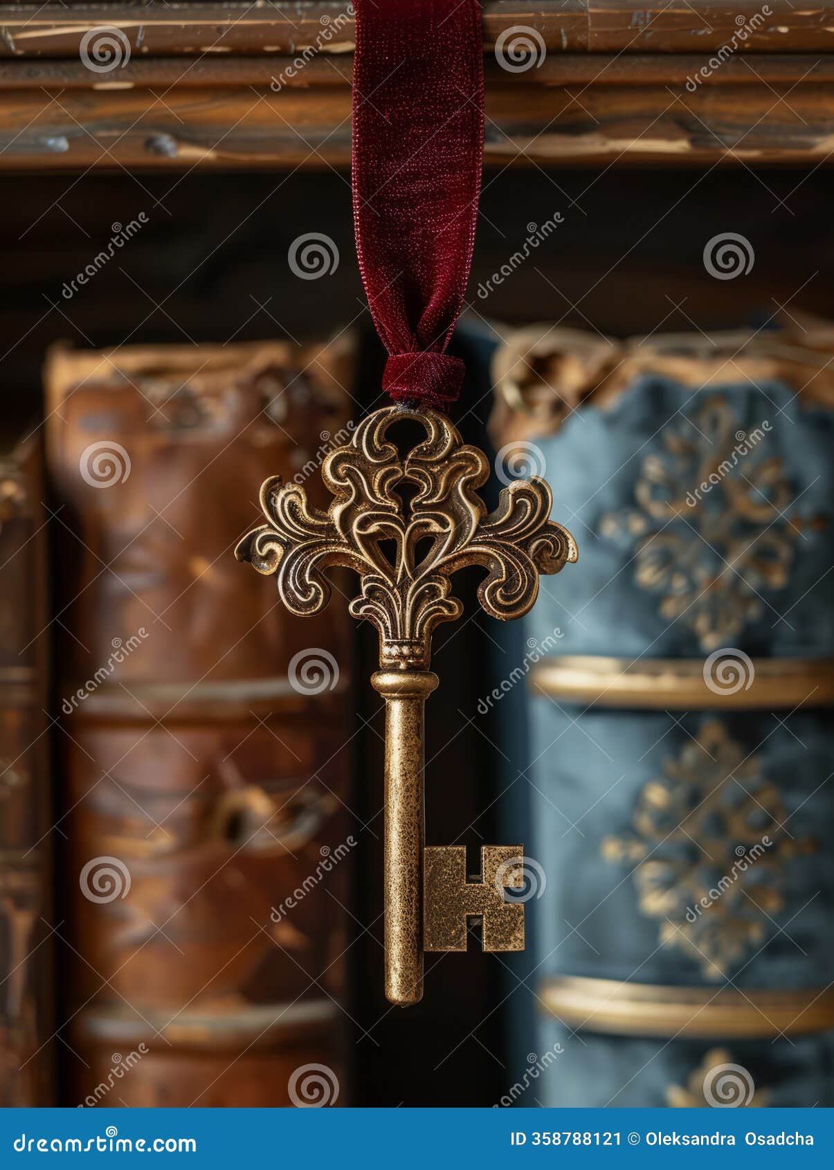 An Antique Key with a Red Ribbon Hanging in Front of Old Books. Stock ...
