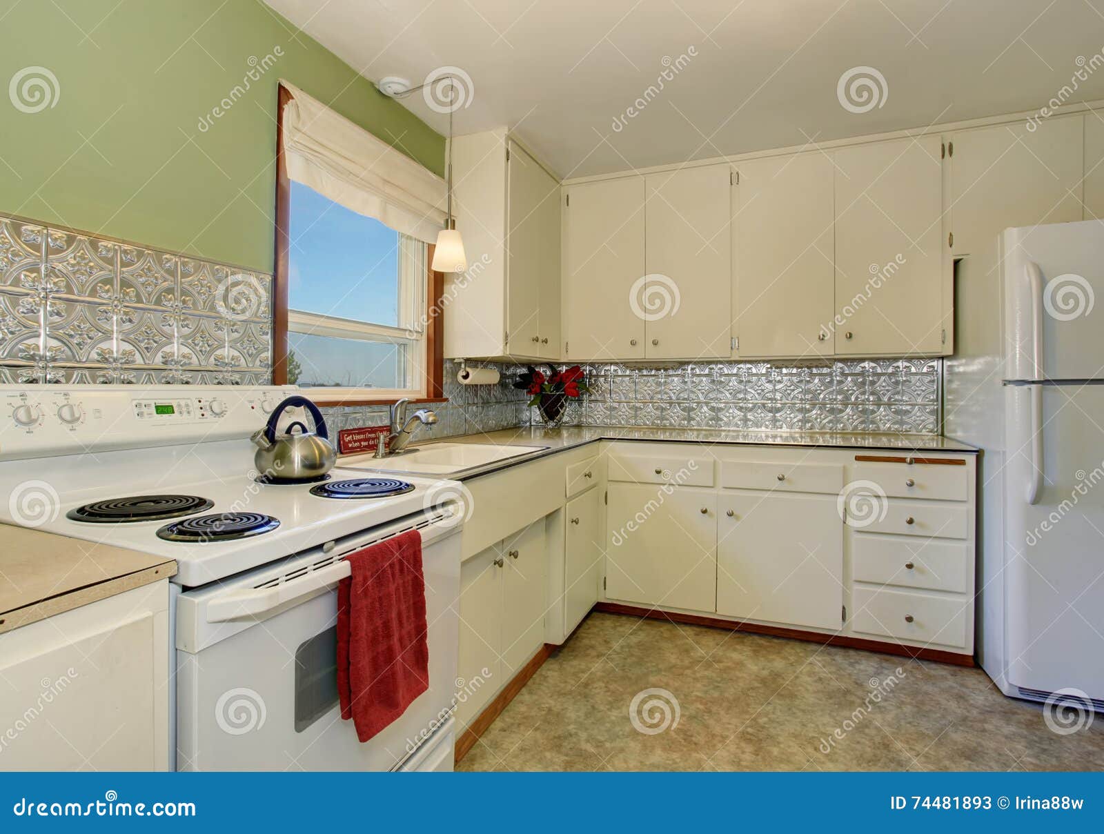 Antique Kitchen Interior With White Cabinets And Green Wall. Royalty ...