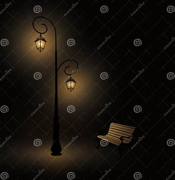 Antique Lamp Post and Bench Stock Illustration - Illustration of foggy ...