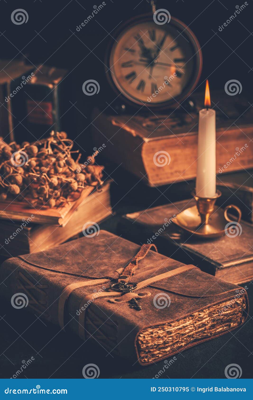 Antique Leather-bound Journal, Book or Diary with Old Books and Candle ...