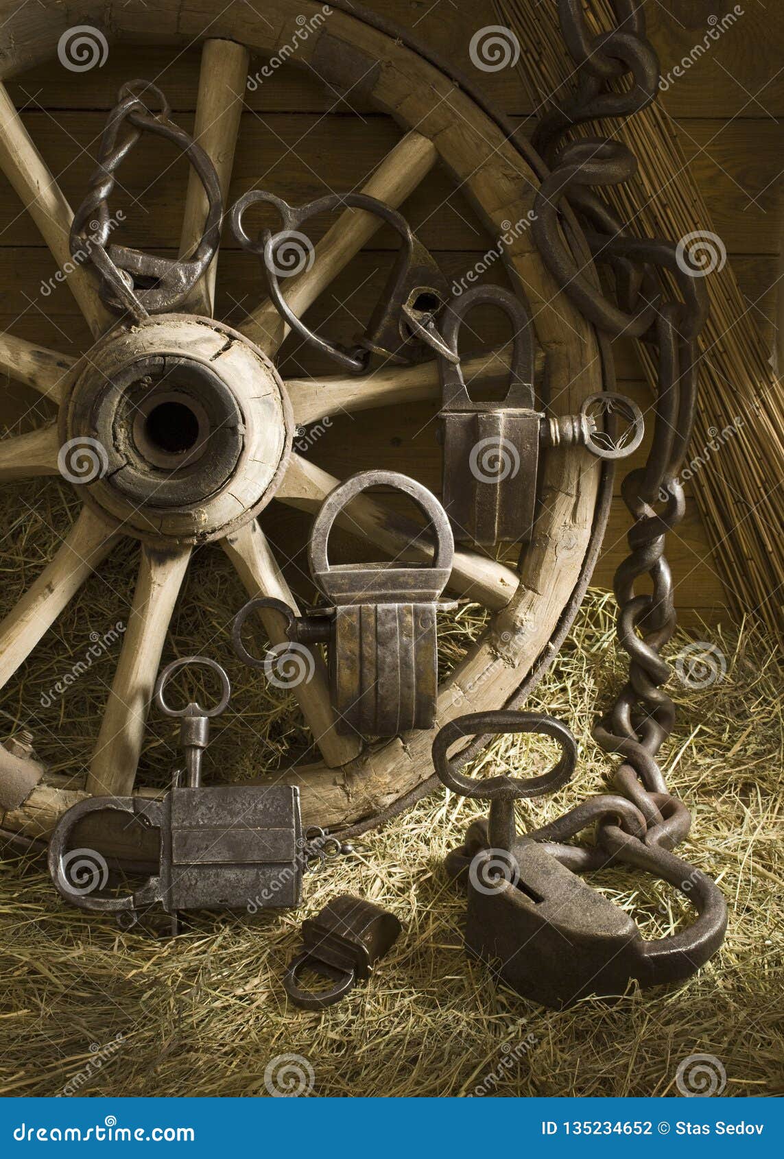 Different Antique Locks with Chains Stock Photo - Image of barn ...