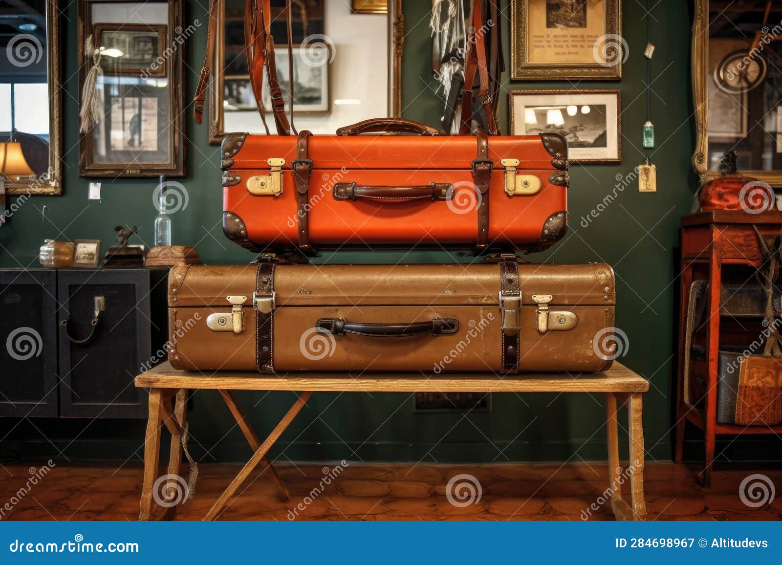 Antique Luggage Collection Stacked On Wooden Furniture Generated By AI ...
